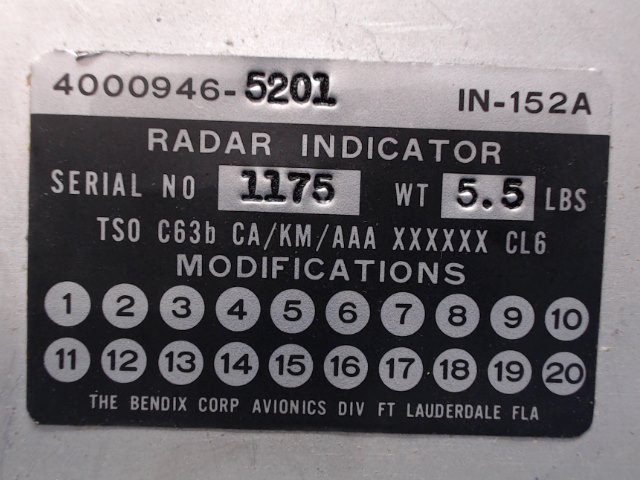 Bendix 4000946-5201 RADAR INDICATOR MODEL IN-152A (See details)