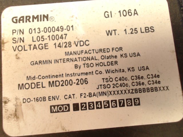 Garmin 013-00049-01 MD200-206 GARMIN GI-106A GLIDESLOPE INDICATOR 14/28 VDC