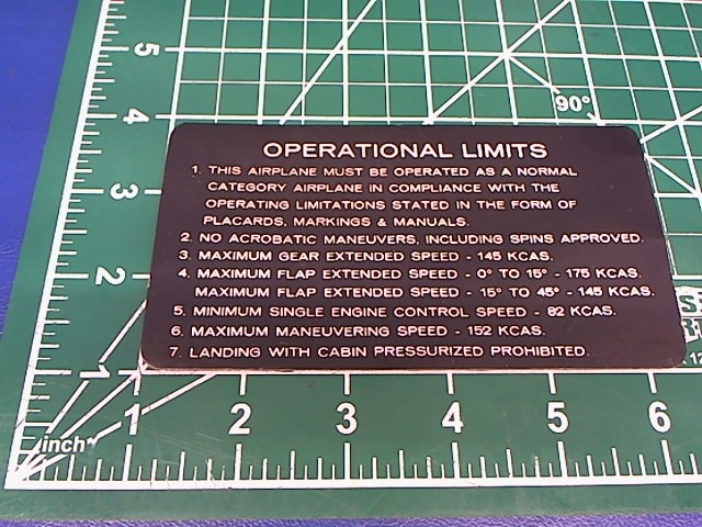 Cessna 5119401-45 PLACARD - AIRCRAFT LIMITATIONS