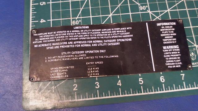 Piper 35669-135 PLACARD - Aircraft limitations - knots