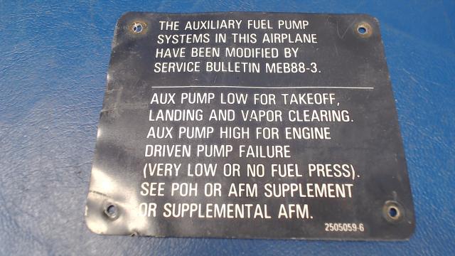 Cessna 2505059-4 PLACARD - AUX FUEL PUMP SYSTEM