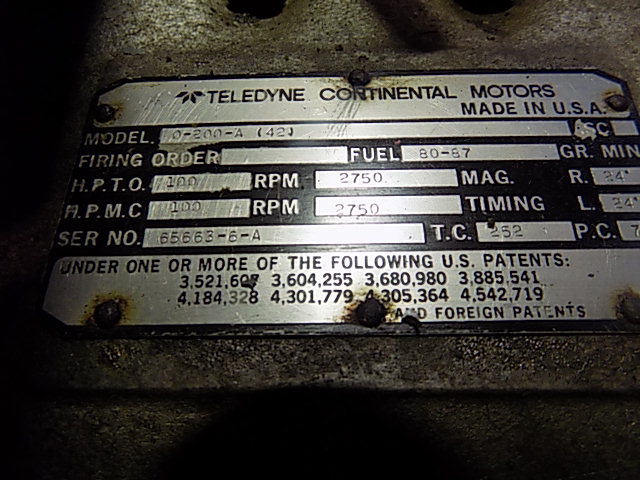 Continental O-200A . Engine w/Accessories TSMO=1444.29 (NON POWERED ...